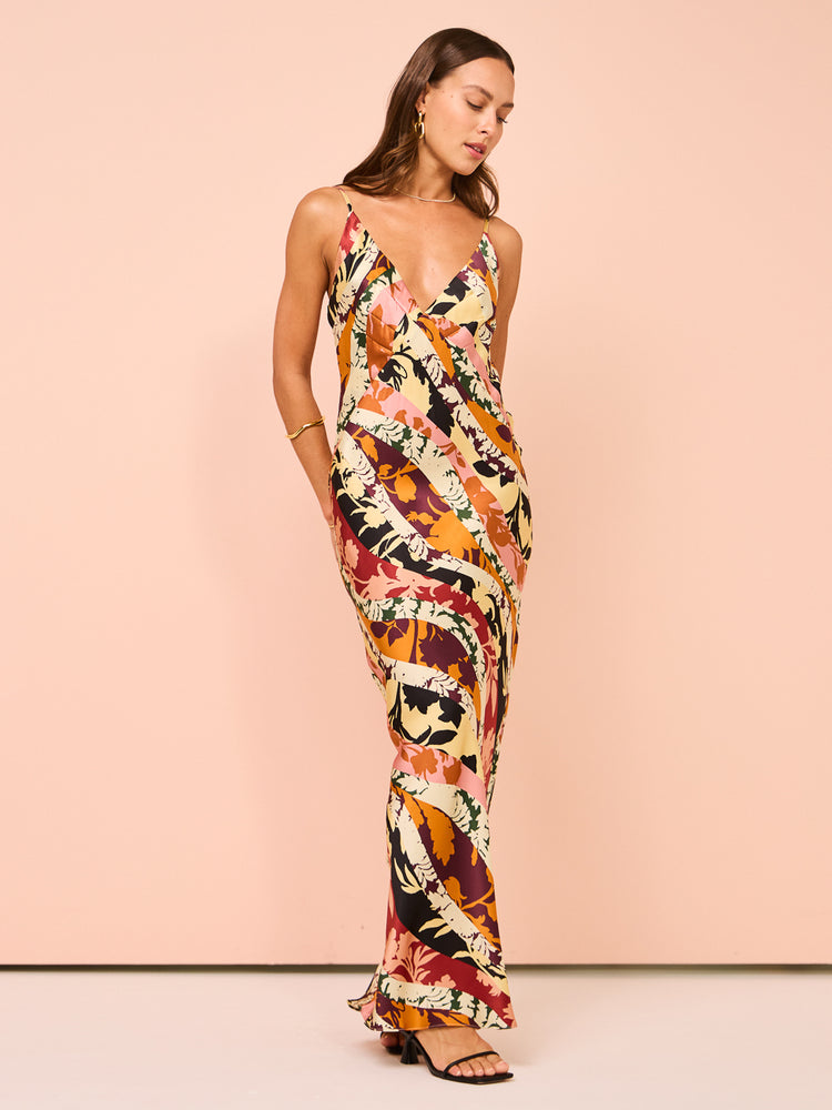 Shona Joy Cielo Silk Plunged Maxi Dress in Tangerine/Multi – Coco & Lola