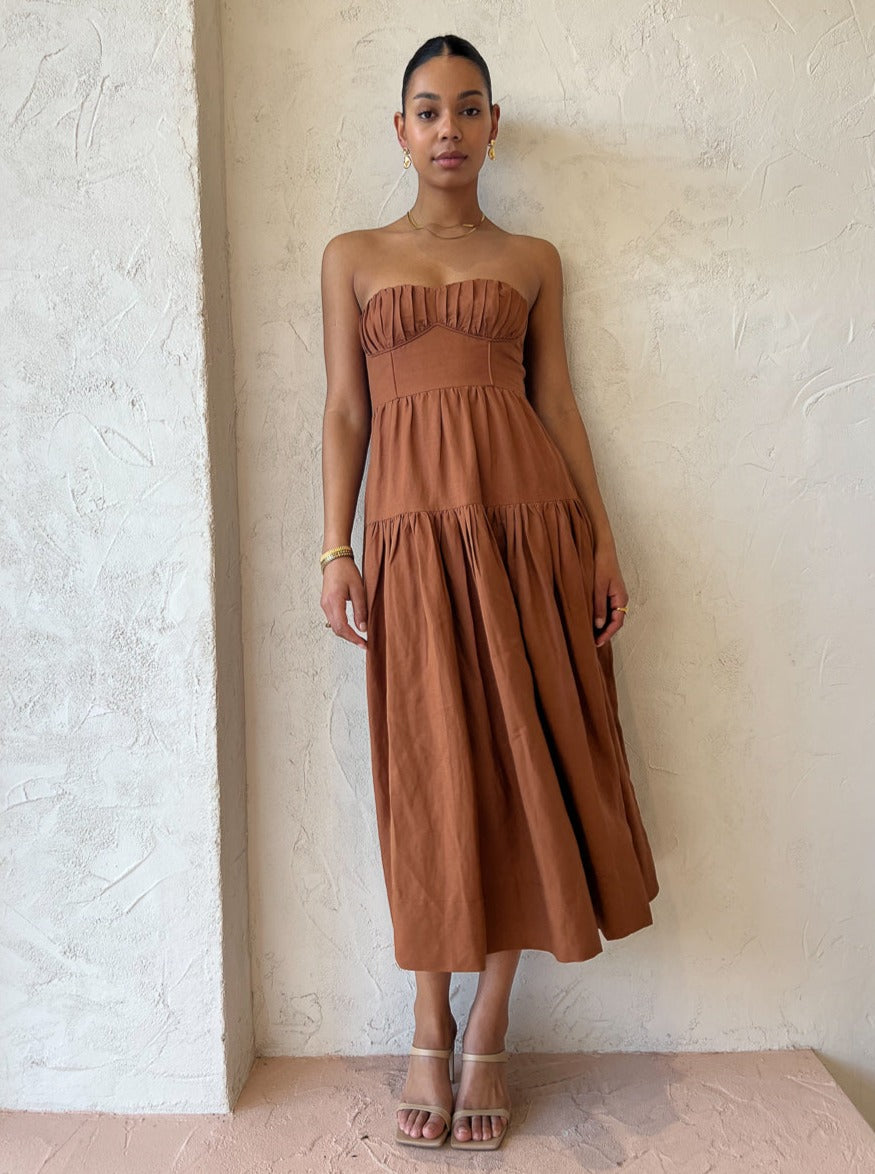 Shona Joy Jules Strapless Ruched Midi Dress in Almond – Coco & Lola